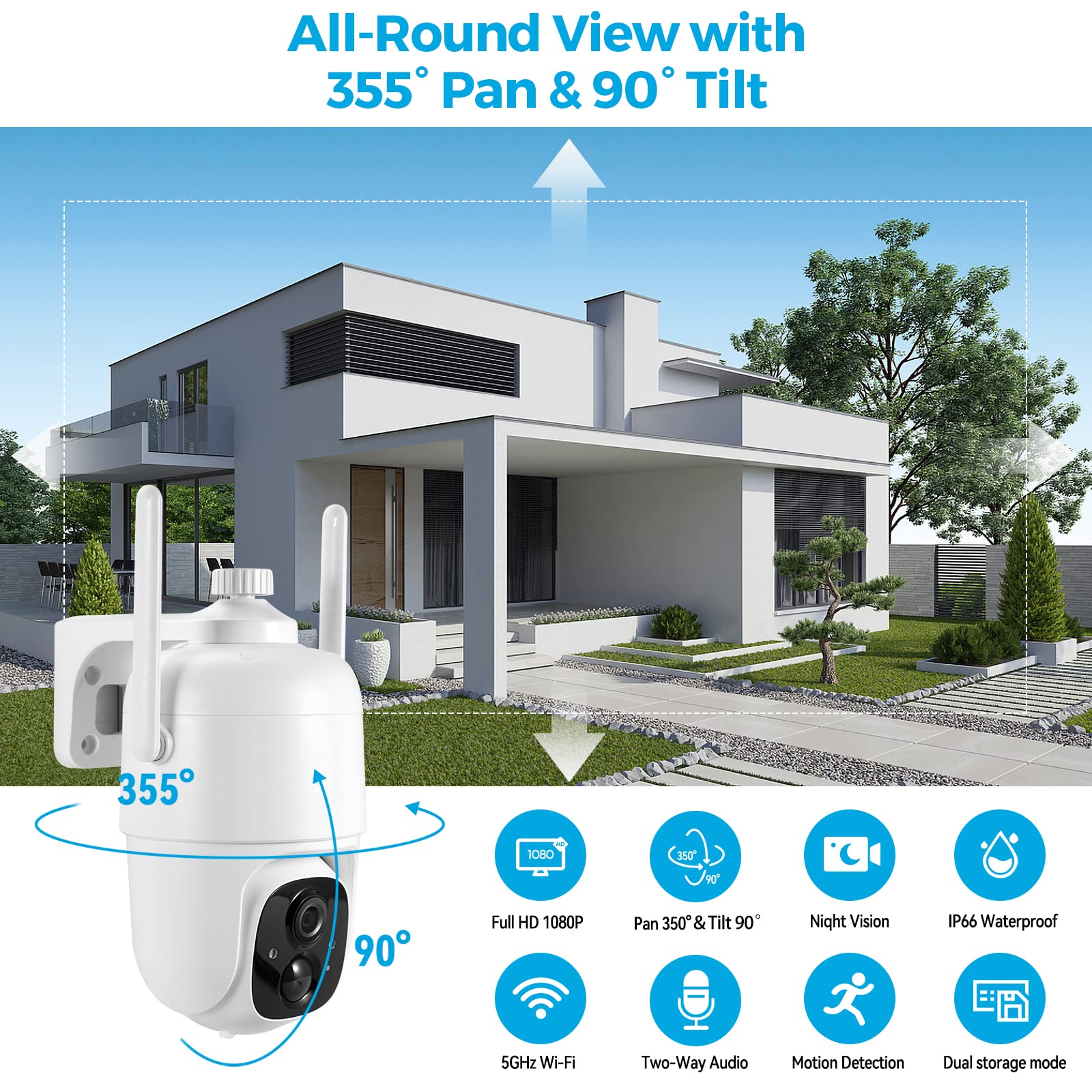 Hulkvis Solar Security Camera Outdoor Wire-Free Rechargeable Battery Powered Camera, with PIR Motion Detection Starlight Night Vision Spotlight Pan Tilt Two-Way Talk