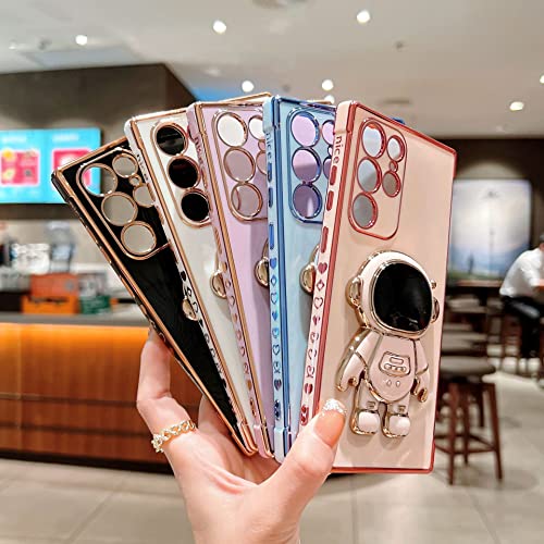 Jusy Samsung Galaxy S22 Ultra 5G Case - 6D Plating Astronaut Stand, Camera Protector, Shockproof Bumper, Love Heart Theme, Elegant Design for Girls & Women - Black