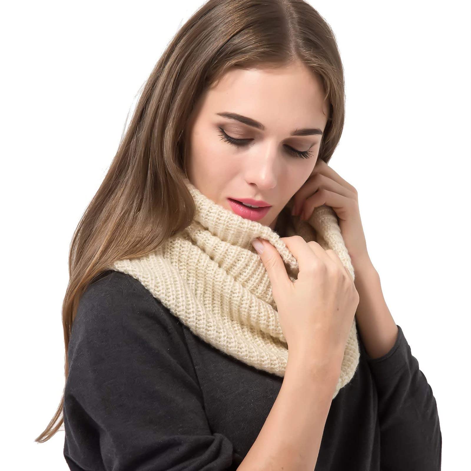 Dimore Women Winter Knit Infinity Scarf Circle Loop Scarf Beanie Set Thick Neck Warmer Scarf (Beige)