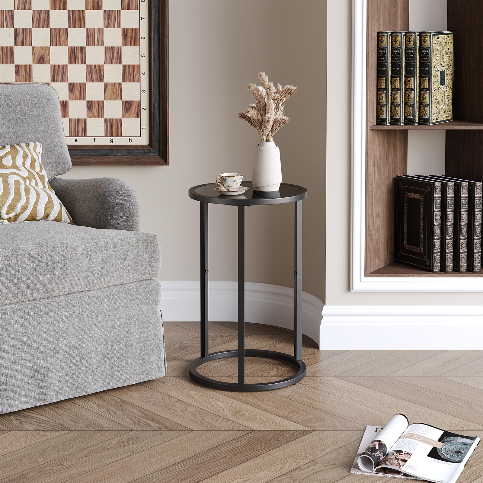 SAYGOER Small Side Table Round Glass End Table for Small Spaces Narrow Couch Night Stand Modern Bedside Table with Black Metal Frame for Bedroom Living Room, Easy Assembly