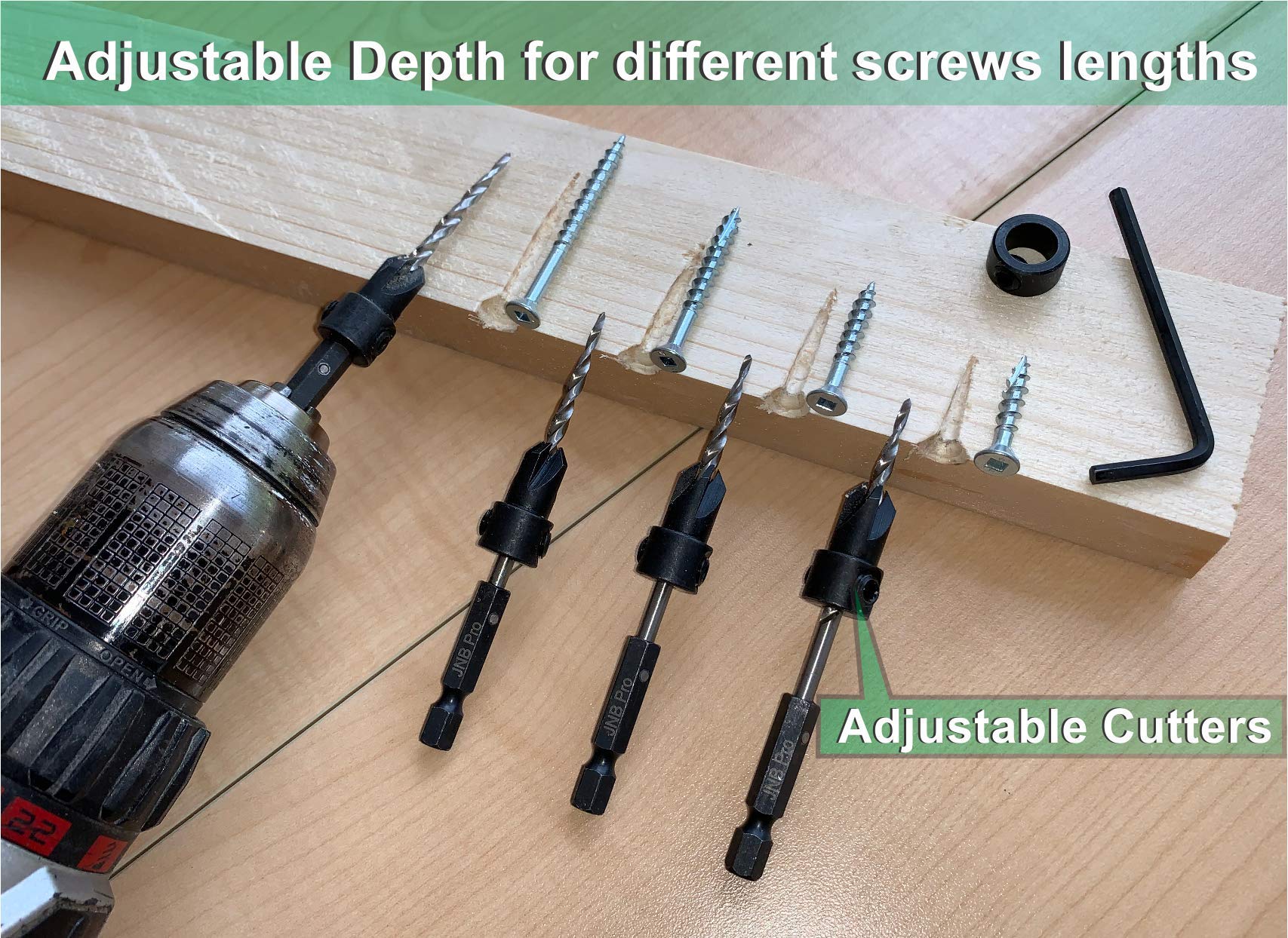 JNB Pro Wood Countersink Drill Bit Set - 5 Pc Adjustable Countersink Bit #8(11/64") All Same Size - 2 Extra 11/64 Tapered Drill Bit, 1 Adjust. Collar, 1 Wrench - 1/4" Quick Change Shank - Countersink