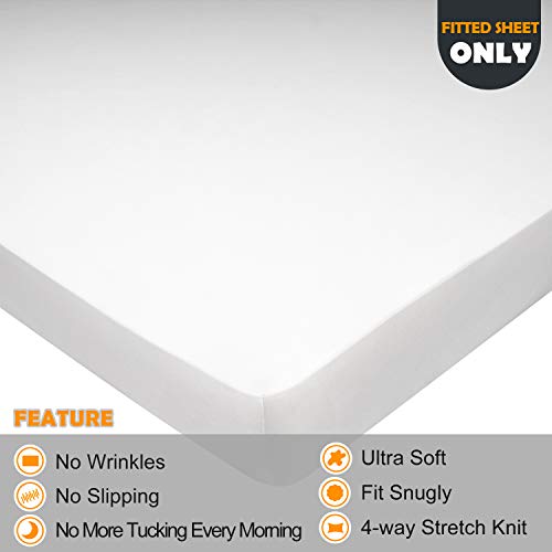 Soft Stretch Queen Size Fitted Sheet Only - Jersey Knit, Cozy T-Shirt Like & 4-Way Stretchy Snug Fit & Stay in Place, No More Slipping Off for Mattress (Deep: 5"-16") - White, Queen
