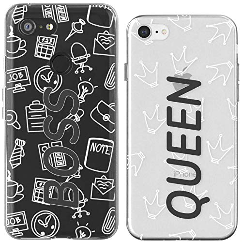 Toik Matching Couple Cases for Apple iPhone 11 Pro Xs Max Xr 10 X 8 Plus 7 6s 5s SE Cover Boyfriend Clear Lightweight Queen Basic Pattern Cute Protective Soulmate Boss Silicone Anniversary Simple