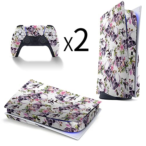 Human Skulls with Flowers and Butterflies Full Protective Skin Cover Design Wrap Decal Sticker Compatible with PS5 Disk Version Console and Controller