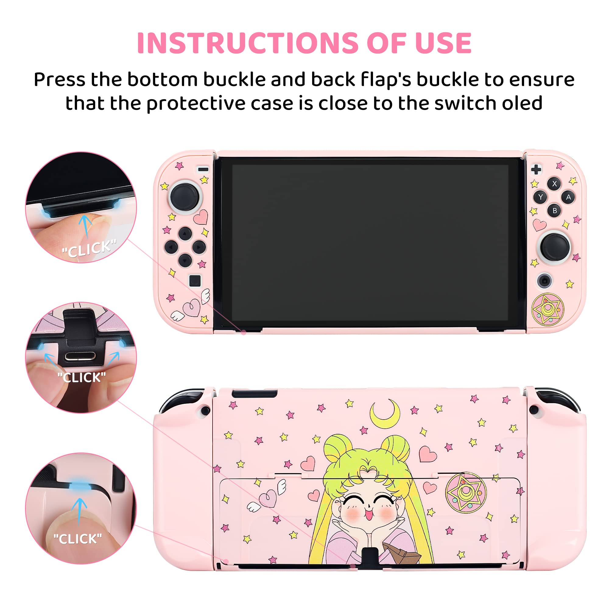 GLDRAM Anime Girl Protective Case for Nintendo Switch OLED, Cute Dockable Case Cover Compatible with Switch OLED Console and Joy Con, Hard PC Pink Skin Accessories with 4 Thumb Caps & Screen Protector