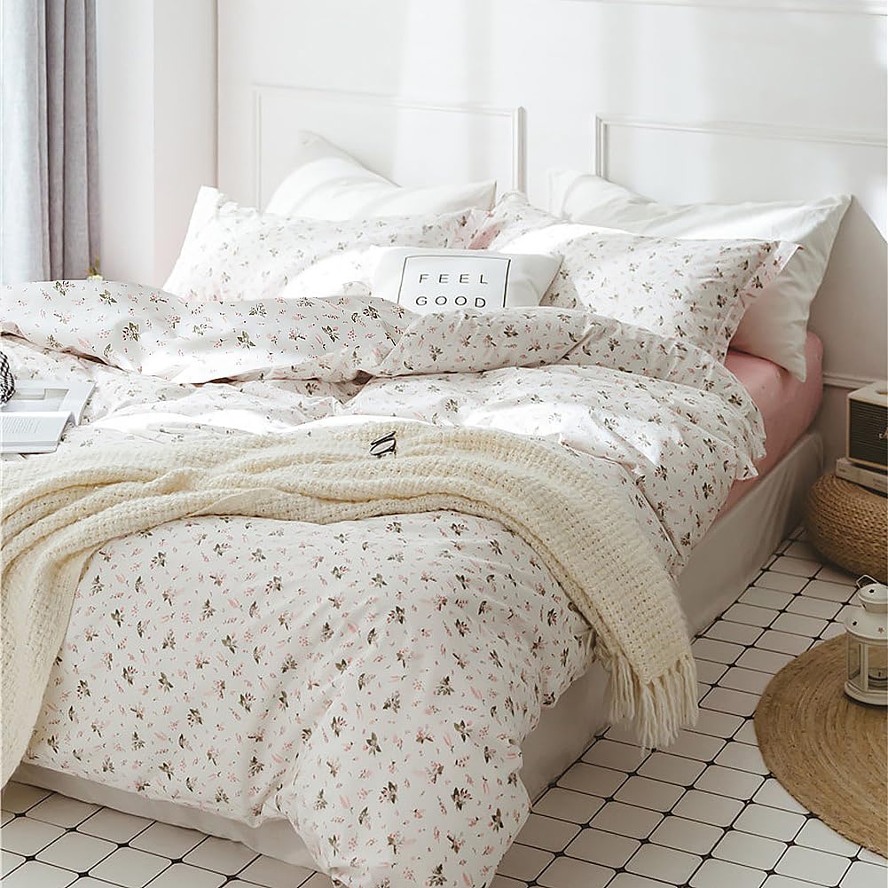 mixinni Girl Comforter Set Twin XL Pink White Flower Leaf Print Bedding Sets, Cute Floral Bedding Comforter Sets for All Seasons-(1 Comforter+2 Pillow Shams)-Twin XL Size