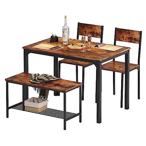soges 4 Person Dining Table Set, 43.3 inch Kitchen Table Set for 4, 2 Chairs with Backrest, 2-Person Bench with Storage Rack, Nesting Furniture Set for Dining Room and Restaurant, Vintage Brown