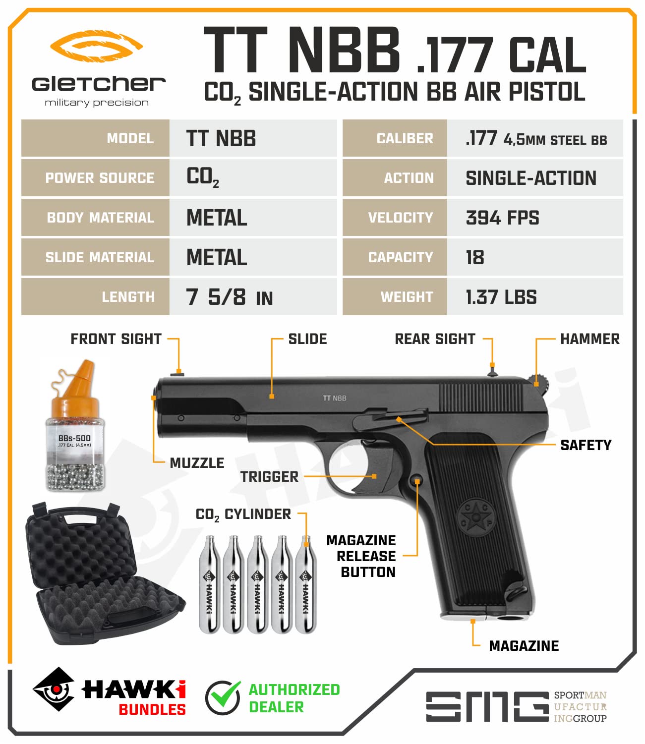 Gletcher TT NBB .177 Cal CO2 Metal Body Single-action BB Air Pistol with 500x BBS and 5xCO2 and Hard Case Bundle