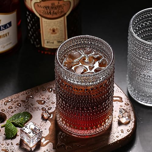 Dingerjar Hobnail Drinking Glasses set of 6(13 oz) Hobnail Water KItchen Glassware, Embossed Vintage Juice Glasses Tall Bar Drinkware