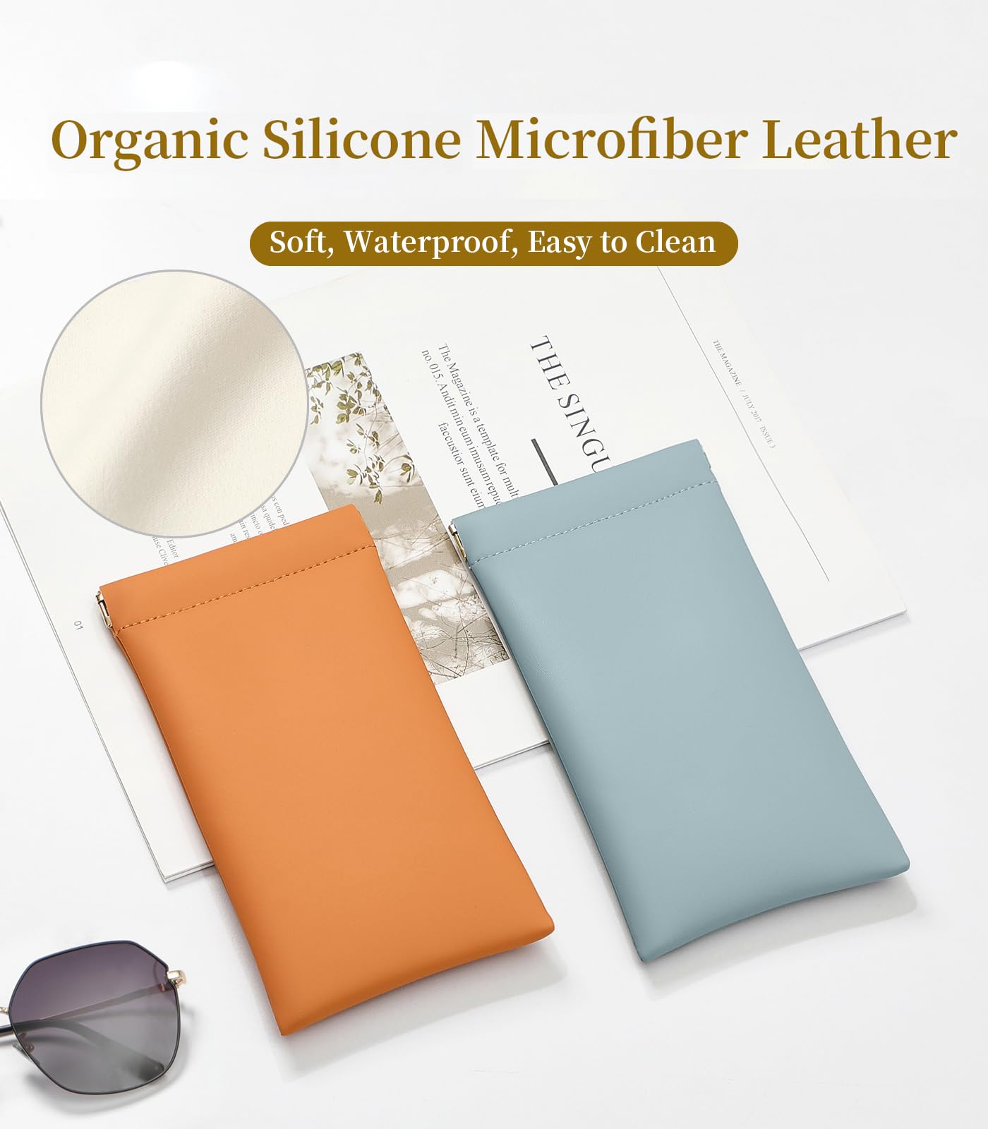 MEIBOOCH Squeeze Top Sunglass Case, New Organosilicon Soft Leather Eyeglass Glass Case Travel Large Sunglasses Pouch (No phrase printed, Blue)
