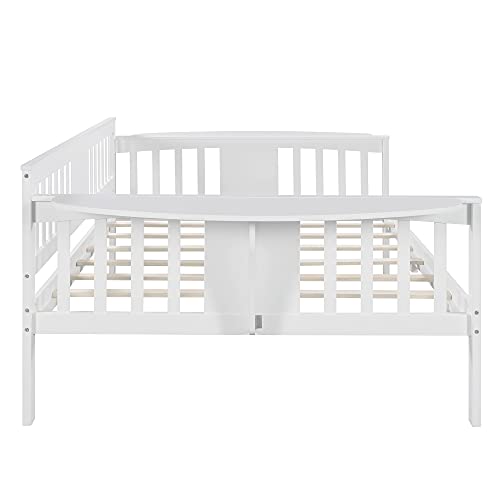 UBGO Full Daybed, Wood Size Sofa Bed with 2 Folding Tables, Children's Cot, Bedroom Living Room Furniture, Wooden Slat Support, Box Required, White C