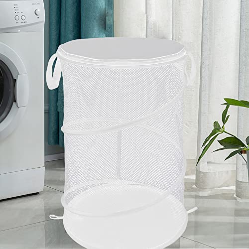 Qtopun Mesh Popup Laundry Hamper With Cover, Foldable Portable Cylindrical Dirty Clothes Basket for Bedroom, Kids Room, College Dormitory and Travel โ White