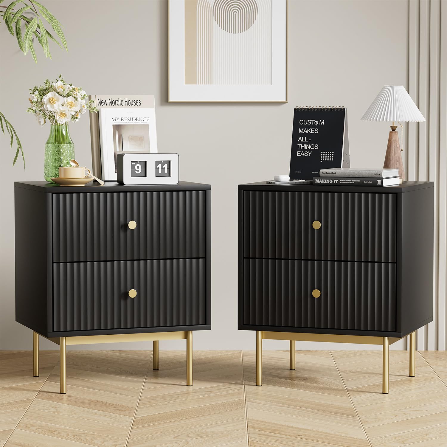 ORGANSANDS Black Nightstand Set of 2 for Bedroom, Fluted nightstand with 2 Drawers, Modern Storage Bedside Table with Wide Tabletop, End Tables with Gold Metal Legs & Handle