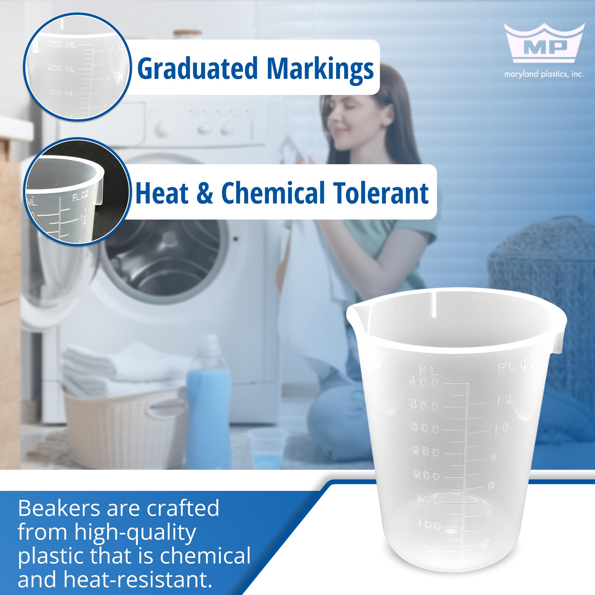 Plastic Beaker 400ml / 13.5 oz Set of 50 by Maryland Plastics – Clear Graduated Disposable Beakers with Pour Spout – Ideal for Resin Mixing, Science Labs, and Home Use