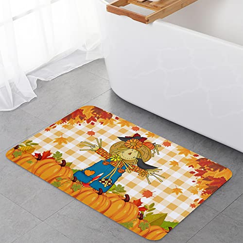 Fall Bathroom Rugs Scarecrow Crow Pumpkin Fall Bath Mat Sponge Doormat, Maple Leaf Buffalo Plaid Absorbent Bath Mat Non Slip Washable Durable Foam Mats Carpet for Bathroom Kitchen,18 x 30 Inch