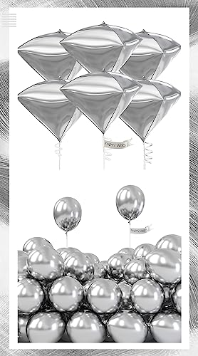PartyWoo Metallic Silver Balloons 50 pcs 5 Inch and Diamond Silver Foil Balloons 6 pcs