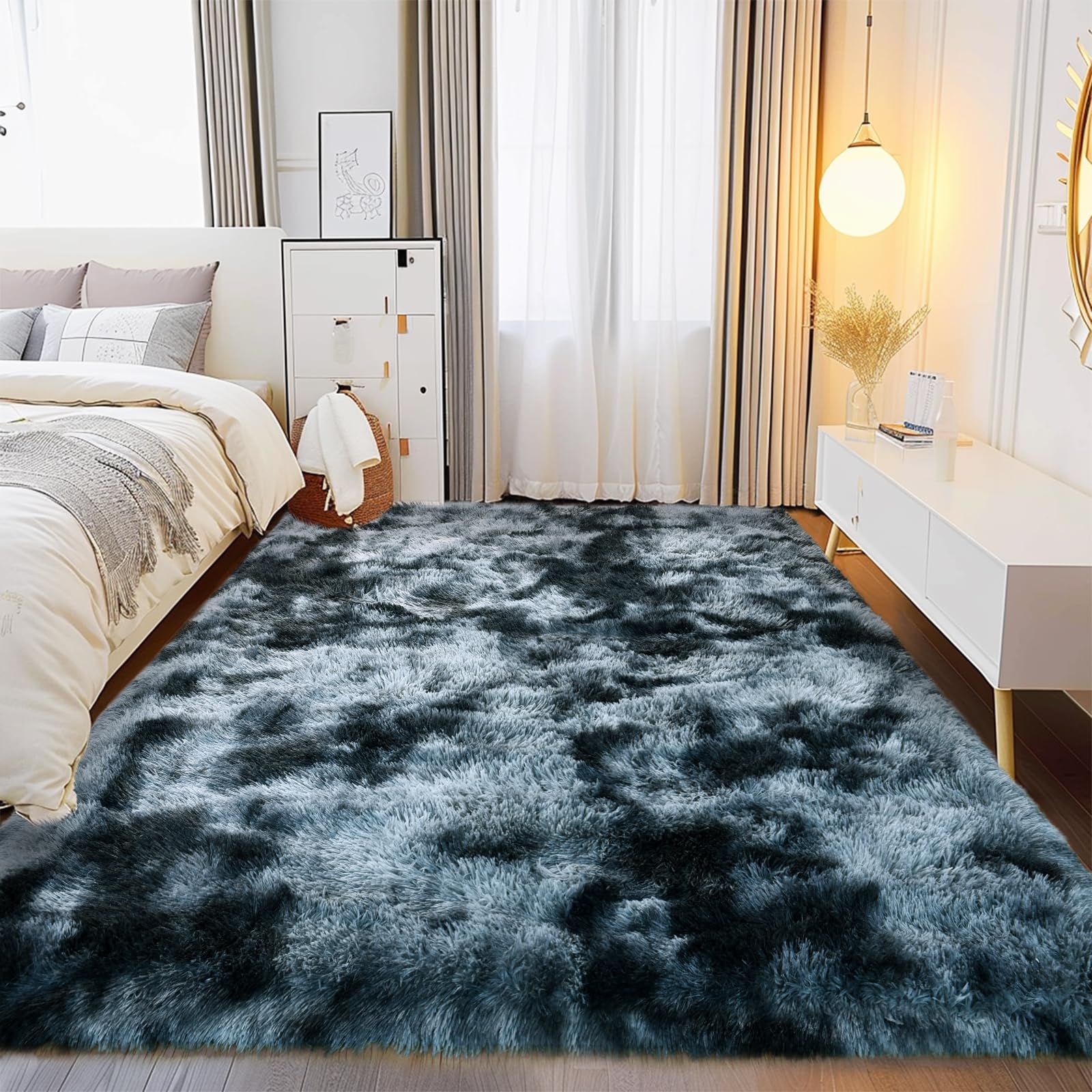 Isdook Anti-Skid Rectangular Fuzzy Rug Fluffy Rug for Living Room Non-Slip Shag Fuzzy Rug for Nursery Tie-Dyed Blue Grey Rectangle 5x7 Feet