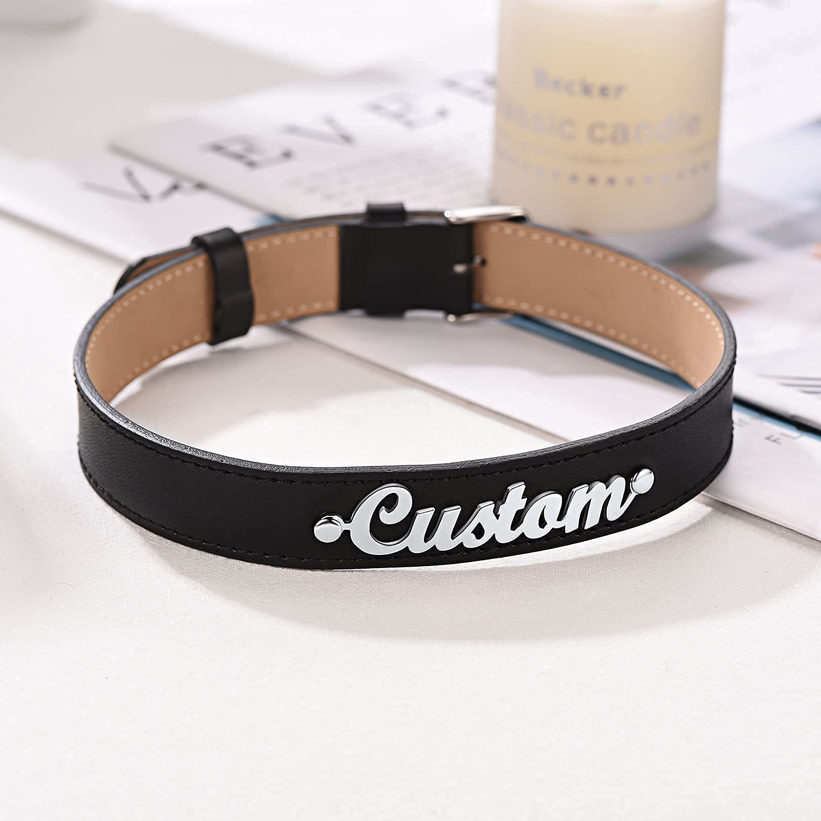 FOCALOOK Customized Thick Choker DIY Platinum Plated Initials Personalized 19MM Wide Chunky Black Leather Collar with Custom Names Women Costume Jewelry 15-17 Inch Adjustable