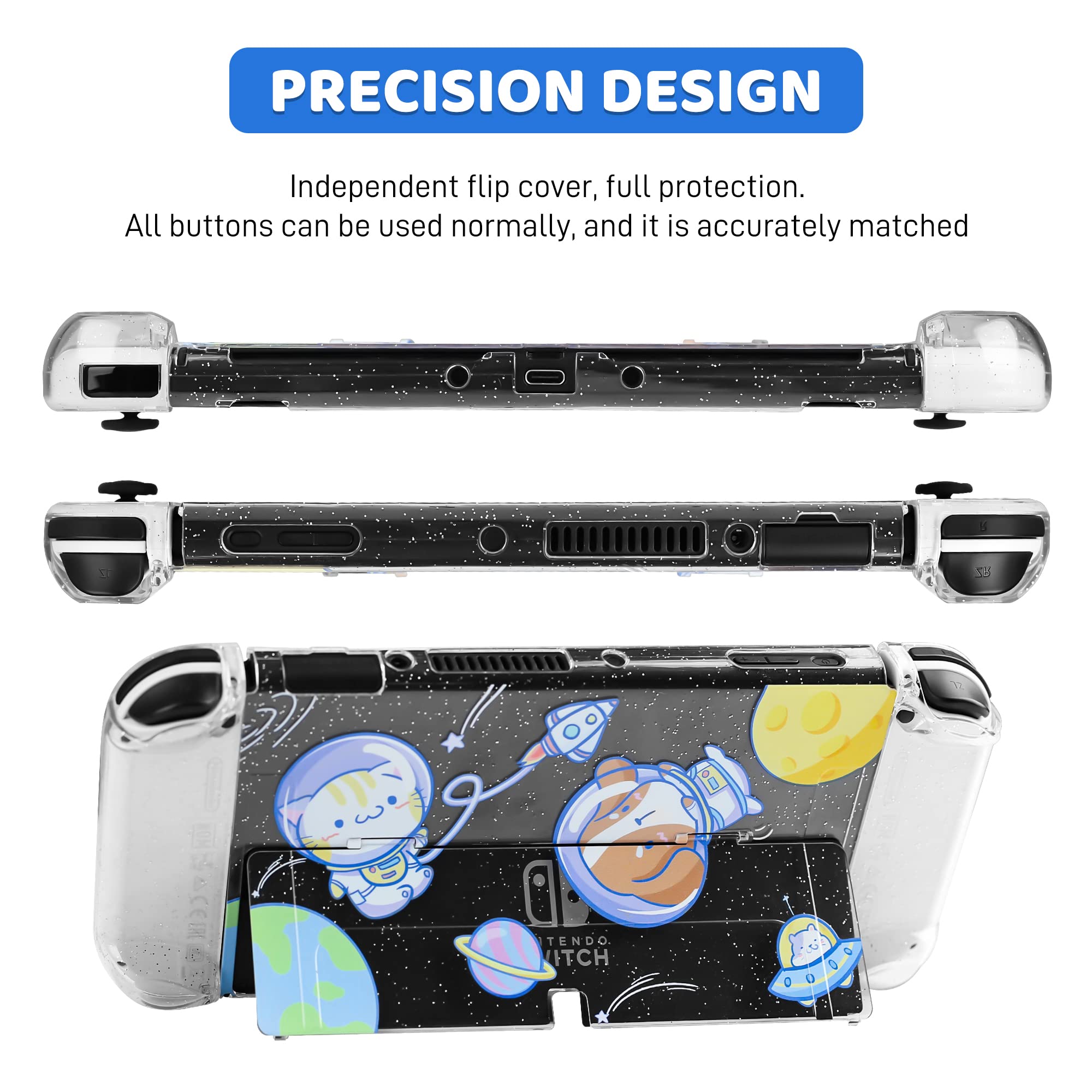 Glitter Case Compatible with Nintendo Switch OLED, FANPL Cute Dockable Cover with Space Cat & Dog Pattern for Switch OLED Console and Joycon, Hard PC Shell with Ergonomics Grip Case, Kawaii Skin