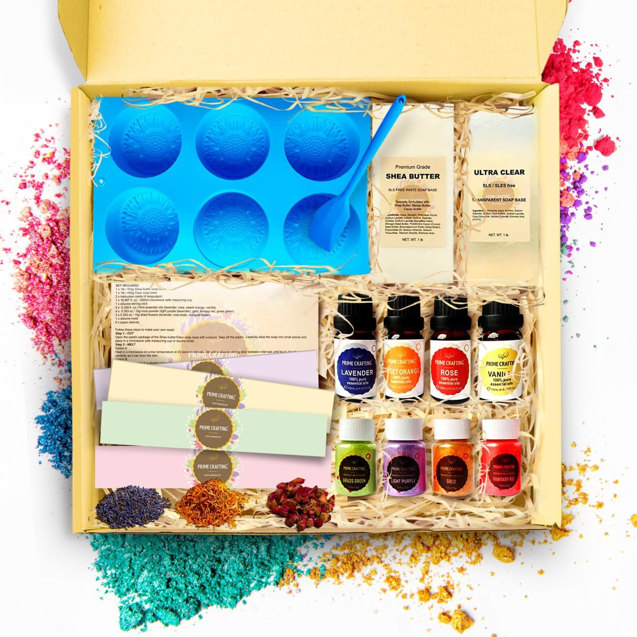 DIY Soap Making Kit - Soap Making Supplies with 1lb Shea Butter Soap Base & 1lb Ultra Clear Soap Base, 4 Mica Powders & 4 Essential Oils β 1 Silicone Soap Mold with Spatula & Dried Flowers