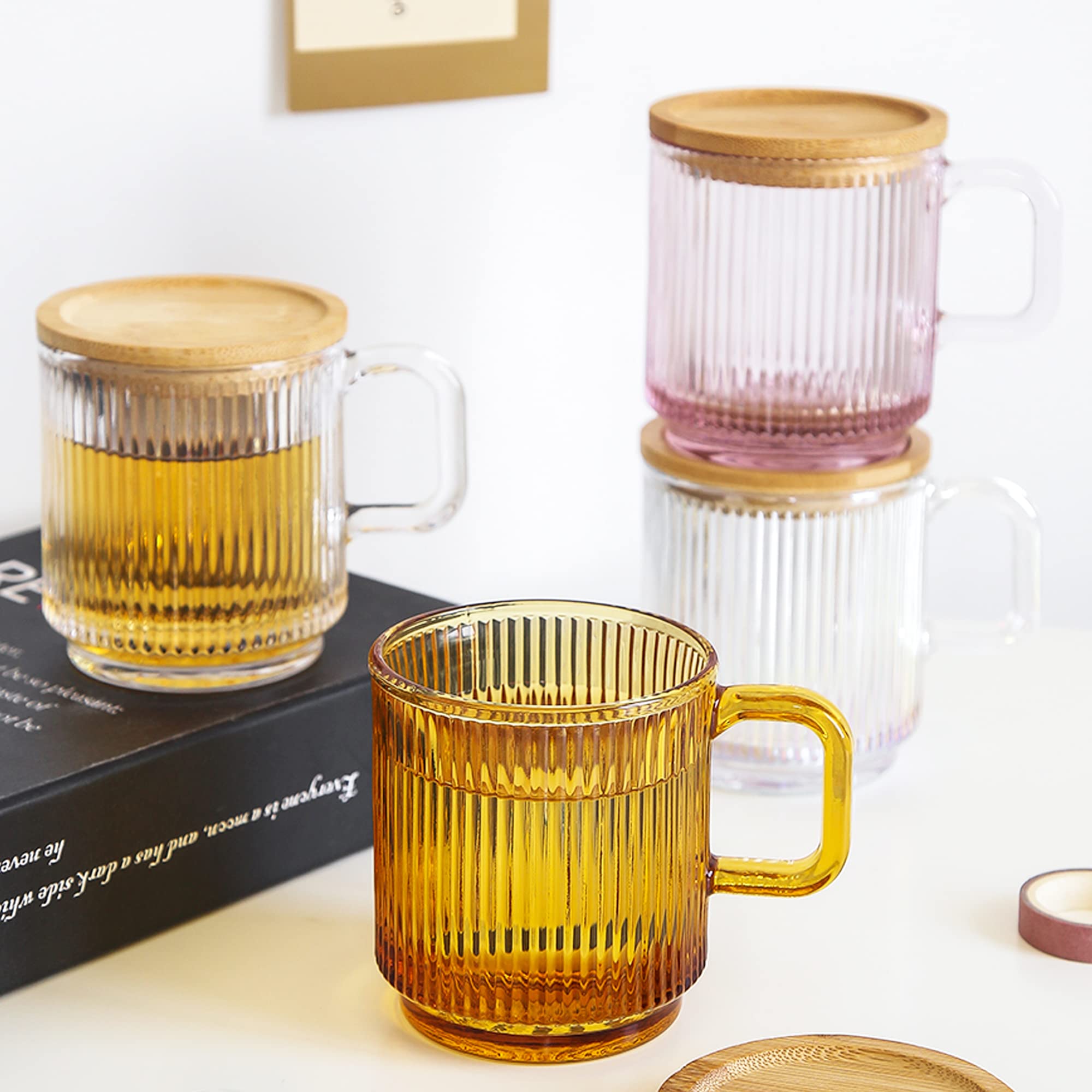 Lysenn Glass Coffee Mug with Lid - Premium Classical Vertical Stripes Glass Tea Cup - for Latte, Tea, Chocolate, Juice, Water - Lead-Free - Bamboo Lid - Amethyst Purple