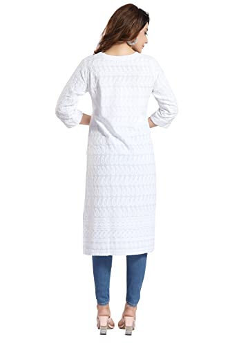 QUEEN SHIELD Women's Chikan-Kari Long Knee Length Kurti(White)(L)(40White9999)