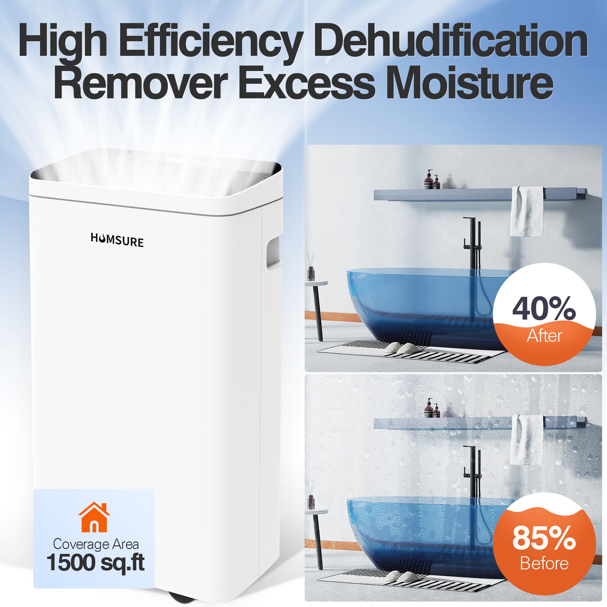 Humsure Dehumidifier 30 Pint 1500 Sq Ft, Dehumidifiers For Home, Dehumidifier With Drainage Hose In Basement Bathroom And Bedroom, Intelligent Humidity Control With 24 Hour Drying Timer