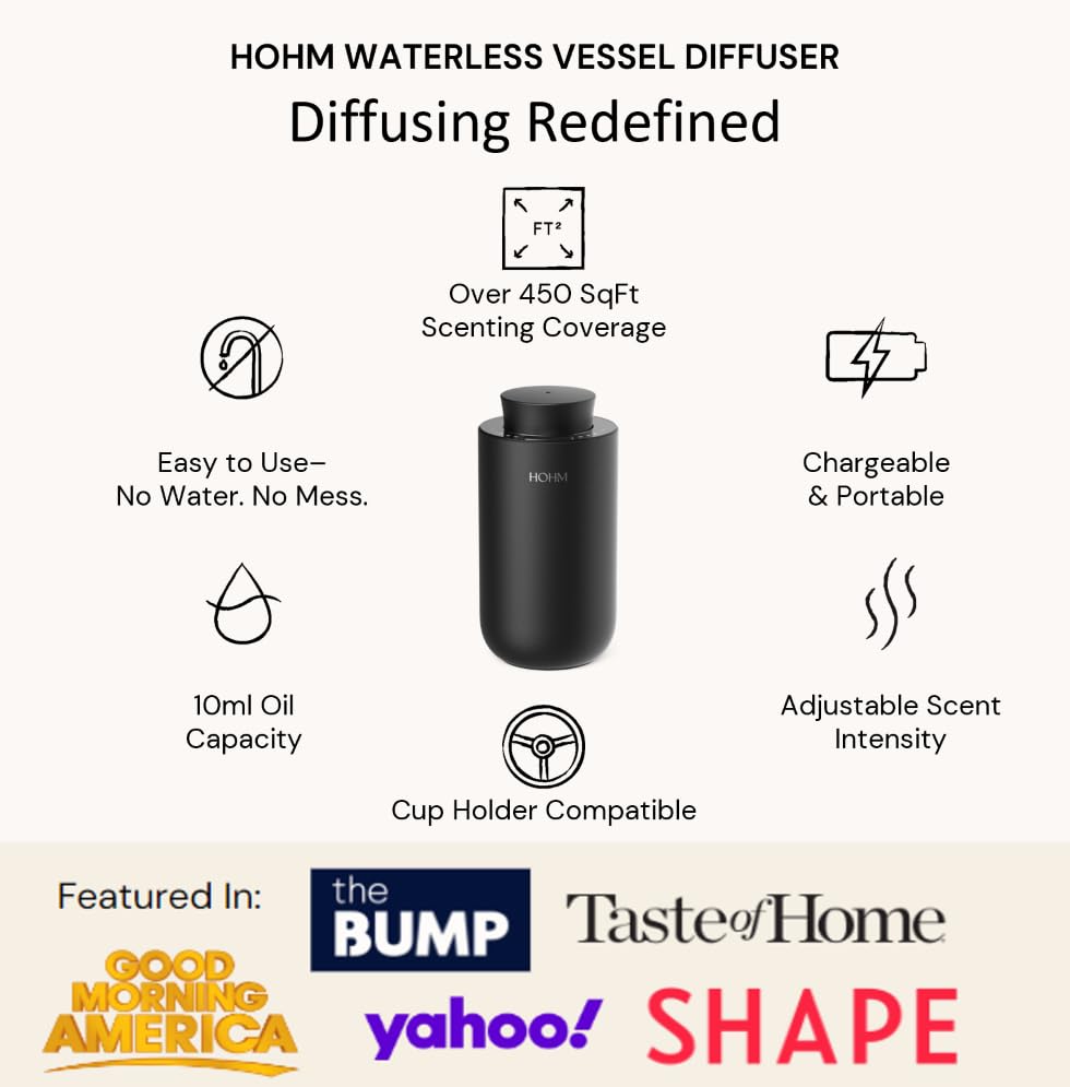 Hohm Vessel Diffuser - Portable Essential Oil Atomizer Diffuser for Essential Oils - Waterless Essential Oil Diffuser - Adjustable Scenting, Chargeable & 450 SQ-FT Coverage - Black