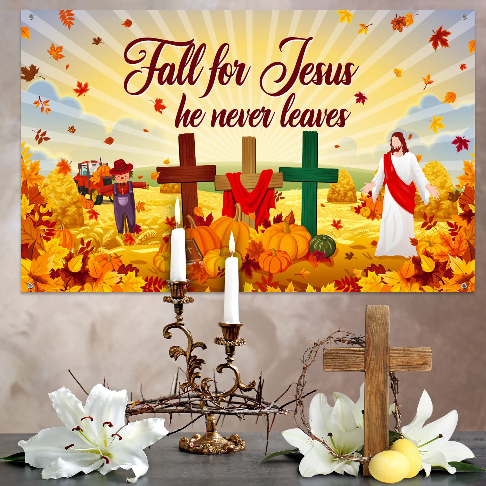 Fall for Jesus Backdrop Pumpkin Autumn Banner Maple Leaf Bible Decoration Christian Religion Polyester Background Thanksgiving Party Supplies Holiday Photo Booth Prop Indoor Outdoor