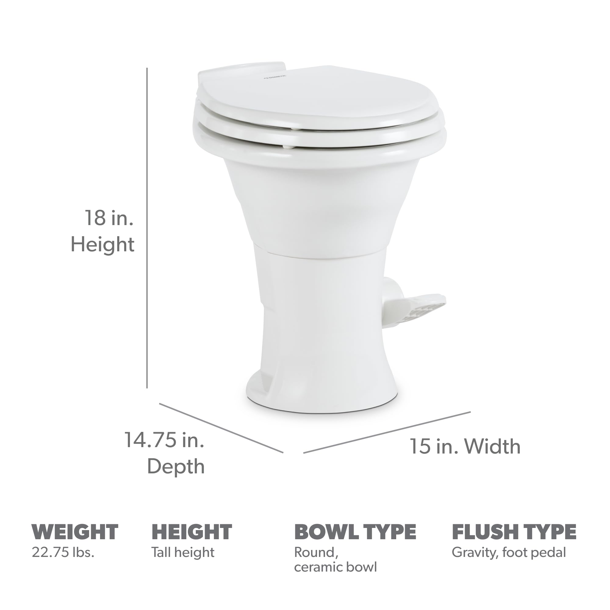 Dometic 302310033 310 Series Standard Height Toilet 19.75" Height, Slow Close Wood Seat, Bone