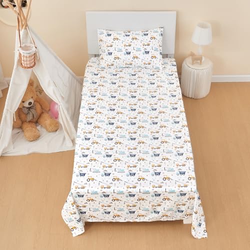 lasoftan Kids Sheet Set Twin Size 3 Pcs, Boys Twin Sheet Set with Blue Excavator Car Pattern,Kids Boys Twin Fitted Sheet ,Breathable & Silky Soft Microfiber Kids Fitted Sheet
