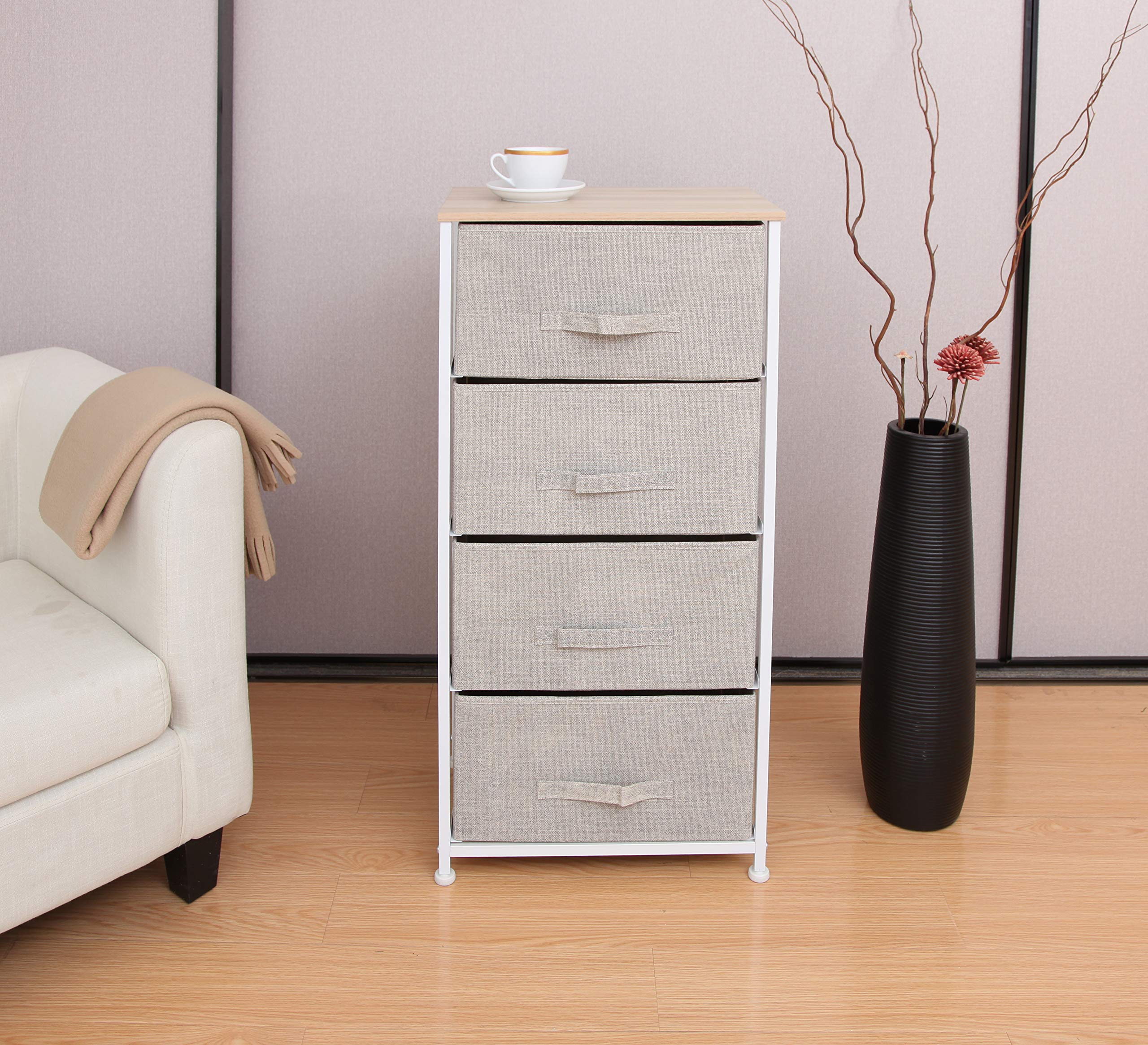 East Loft Tall 4 Drawer Dresser Storage Organizer for Closet, Nursery, Bathroom, Laundry or Bedroom Fabric Drawers, Solid Wood Top, Durable Steel Frame Natural