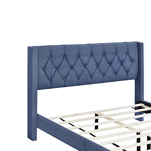 Lifeand Full Size Upholstered Platform Bed with Rubber Wood Legs,No Box Spring Needed, Linen Fabric,Blue