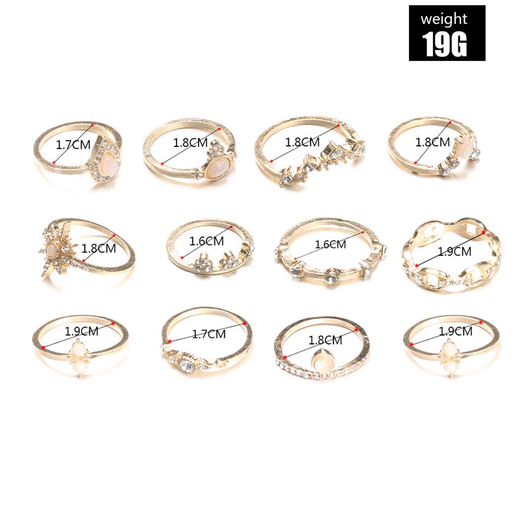 Fairyu Boho Crystal Stackable Rings Gold Joint Knuckle Rings Gold Beach Finger Rings Jewelry for Women and Girls (12PCS)