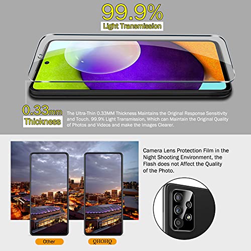 QHOHQ 3 Pack Screen Protector for Samsung Galaxy A52 4G/A52 5G/A52S 5G with 3 Pack Camera Lens Protector, Tempered Glass Film, 9H Hardness, HD, Anti-Scratch, 2.5D Edge, Anti-Fingerprint, Easy to install