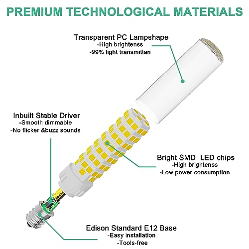 SNBIHIBE E12 Led Chandelier Light Bulbs 10W,100watt Equivalent Dimmable Bulb,6000k Daylight Candelabra Lights,110-120v Ac 1000Lm C7 T6 Bulb,No Flicker for Ceiling Fan Pendant Lighting Salt Lamp 2pcs