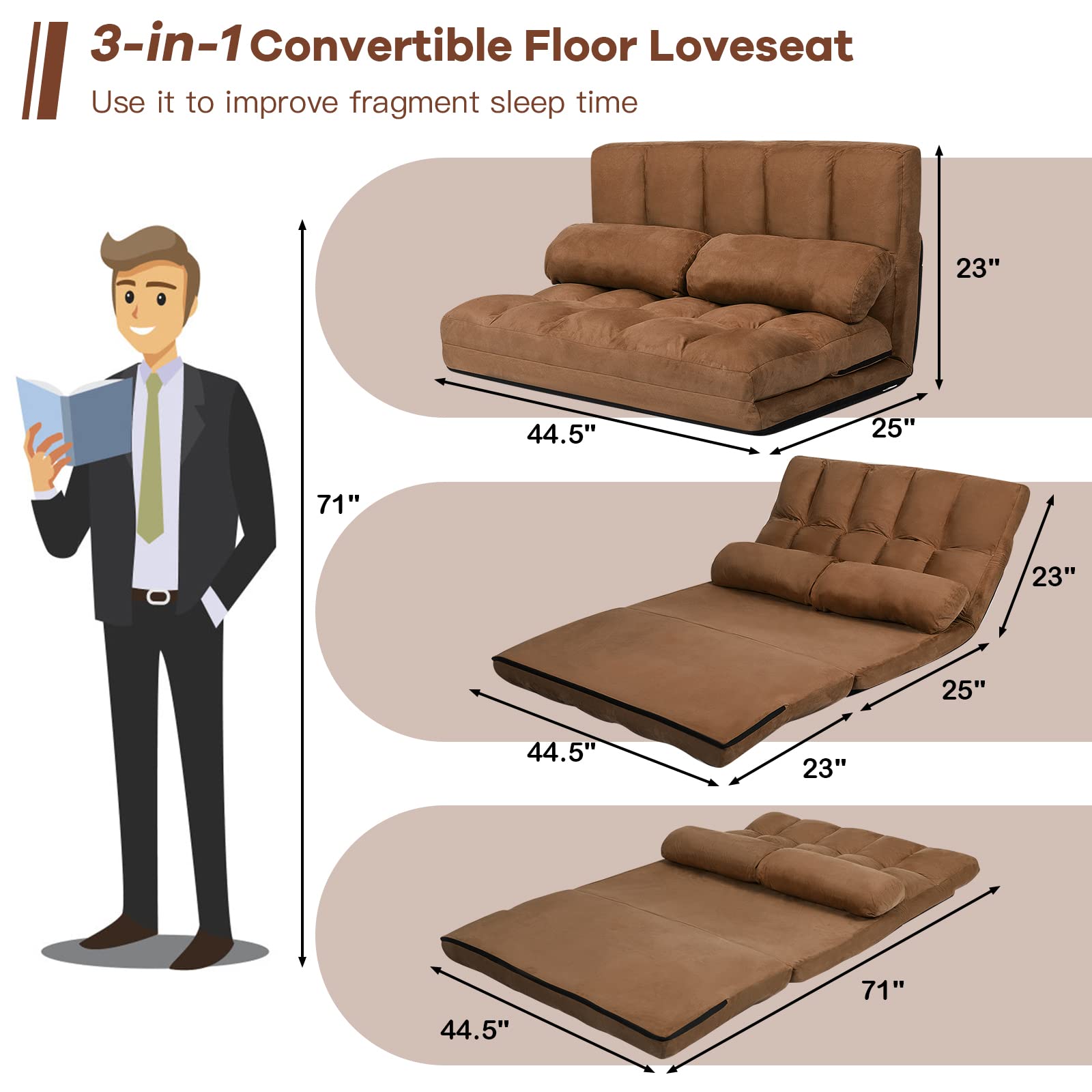 KOMFOTT Adjustable Floor Sofa Bed, Foldable Lazy Sofa Sleeper Bed with 6 Position Backrest & 2 Pillows, Convertible Futon Couch Bed with Suede Cloth Cover, Lounge Recliner for Living Room (Coffee)