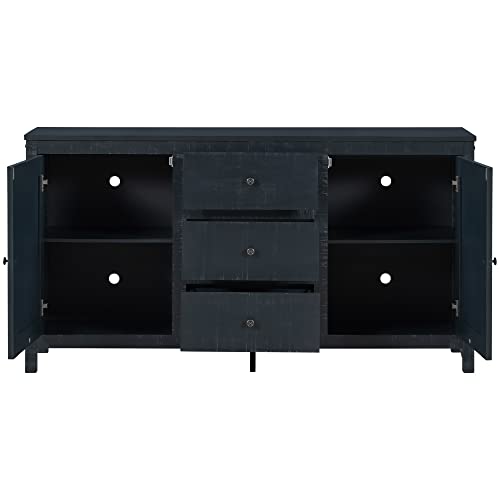 Lifeand Retro Solid Wood Buffet 2 Storage Cabinets, Adjustable Shelves and 3 Drawers for Living Room, Antique Black