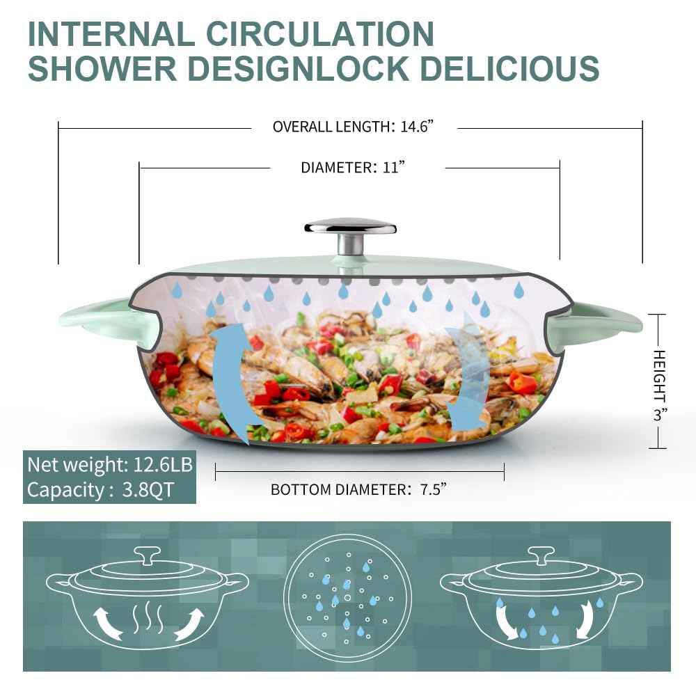 M-COOKER 3.8 Quart Enameled Cast Iron Braiser Pan with Lid,Covered Cast Iron Casserole Dish, Shallow Dutch Oven with Lid, Gift Idea for Family, Oven Safe (Mint green)