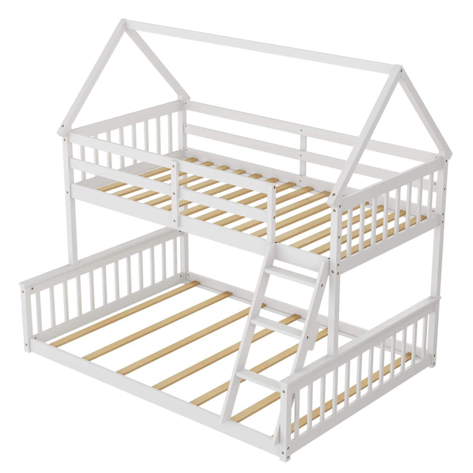 KOMFOTT Wood Twin Over Full House Bunk Bed with Built in Ladder, Solid Pine Wood Bunk Bed Frame with Safety Guardrails, House Bunk Bed Frame for Kids, Teens, Juniors, No Box Spring Needed (White)