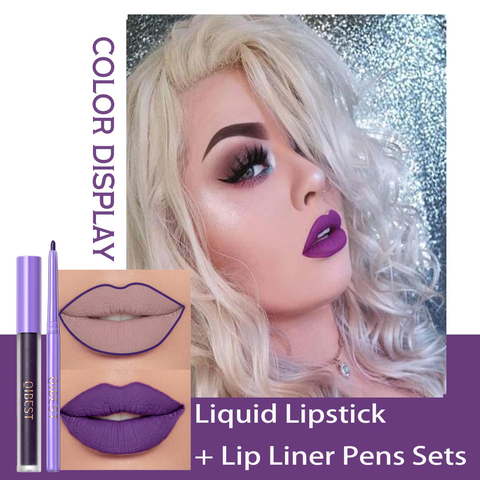 Easilydays 2 Pcs Halloween Dark Matte Liquid Lipstick + Lip Liner Pens Sets, 8 Colors High Pigmented Goth Sexy & Bold Lip Gloss, 24H Waterproof Long-lasting Matte Lipstick , Non-Stick Cup Velvety Lip Makeup for Women (Purple)
