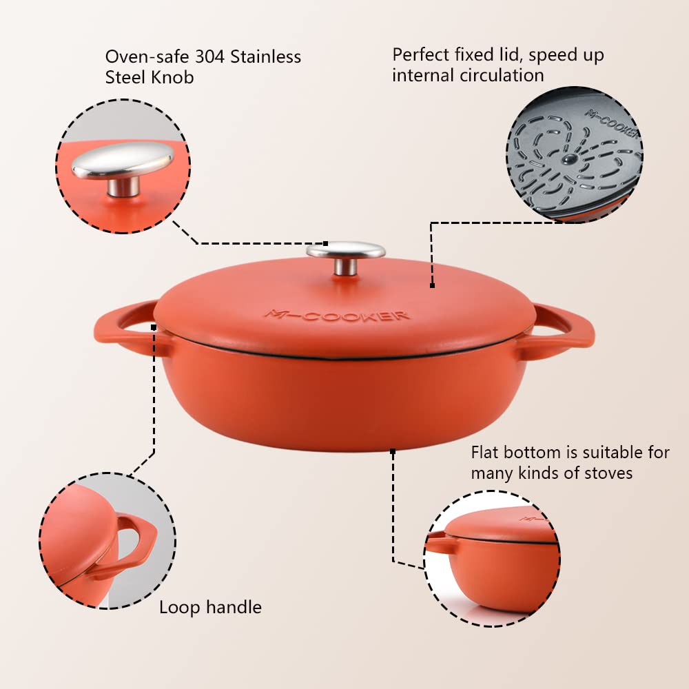 M-COOKER 3.8 Quart Enameled Cast Iron Braiser Pan with Lid,Covered Cast Iron Casserole Dish, Shallow Dutch Oven with Lid, Gift Idea for Family, Oven Safe (Maple leaf red)