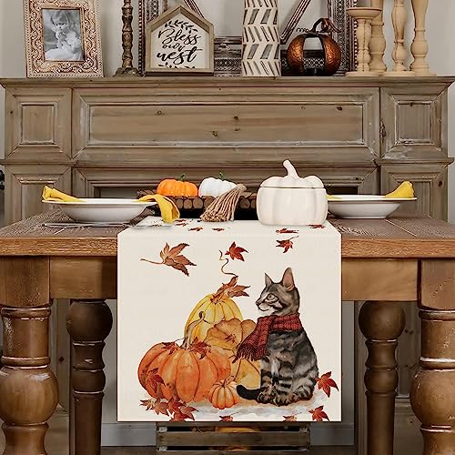 Fall Table Runner Pumpkins Cat Maple Leaf Autumn Harvest Seasonal Thanksgiving Decorations for Home Kitchen Dining Room Party Decor 13 x 72 Inch