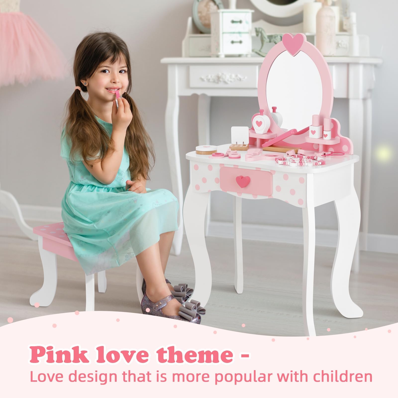 OOOK Kids Vanity Set,Table & Chair Vanity Set with Mirror(Includes 15 pcs Multiple Make up Accessories, Makeup Dressing Table with Storage Drawer, Pink