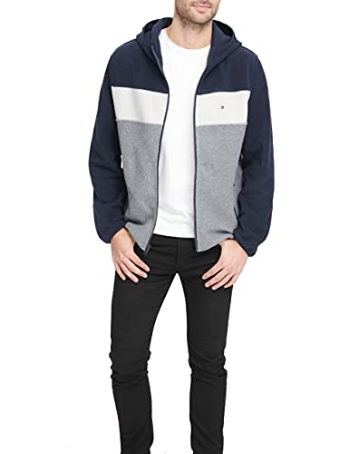 Tommy Hilfiger Men's Hooded Polar Fleece Jacket, Navy/White/Light Grey, Large