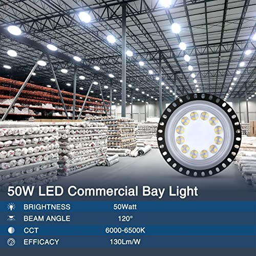 MERRYHE 50W LED UFO High Bay Lighting, 6500K Ultra Thin LED Warehouse Lights Fixture, 4000LM Daylight White 110V IP65 Waterproof Commercial Shop Bay Light Lamp for Area Garage Gym Workshop,4 Pack