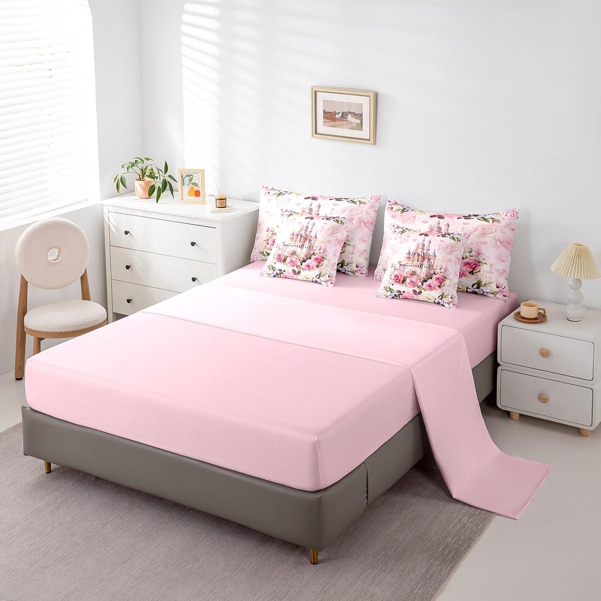 Manfei Girls Princess Full Bedding Set 7 Pieces,Cartoon Castle Pink Comforter Sets,Blooming Flowers Bedding Comforter Sets with 1 Comforter,2 Pillowcases,2 Pillow Covers,1 Flat Sheet,1 Fitted Sheet