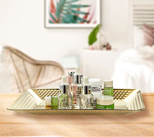 Koluti 12 Inch Gold Rectangle Decorative Tray, Brass Tone Hammered Nightstand Accessory Dresser Serving Plate, Counter Perfume Jewelry Makeup Organizer Storage, Stainless Steel