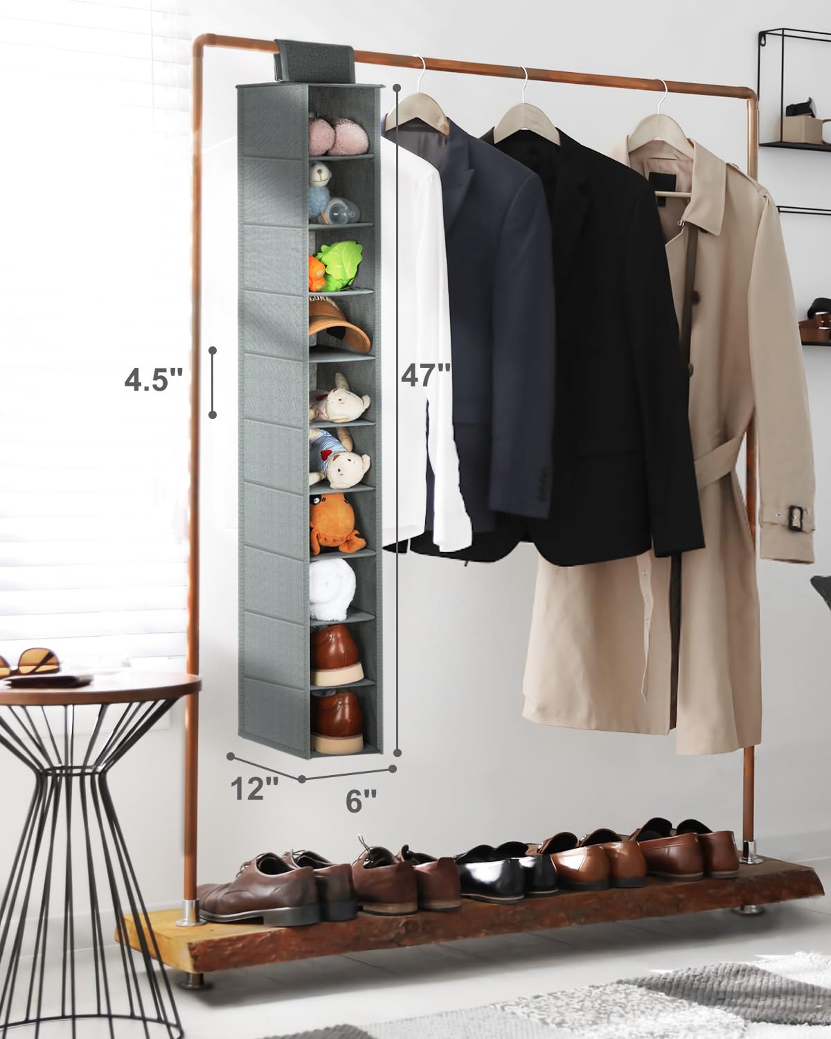 NEATJELAI Hanging Shoe Organizer 10 Tier Hanging Shelves for Closet Organizers and Storage System,Foldable Design, for Wardrobe, Baby Clothes Organization and Storage,Gray