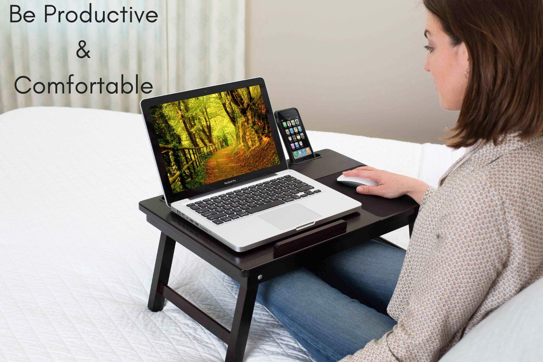 Sofia + Sam Laptop Bed Tray with Storage Drawer and Media Slots | Folding Legs and Mouse Pad | Fits Laptops Up to 15" | Tablets Up to 9.6" | Smart Phones Up to 4" | Espresso | Work from Home Desk